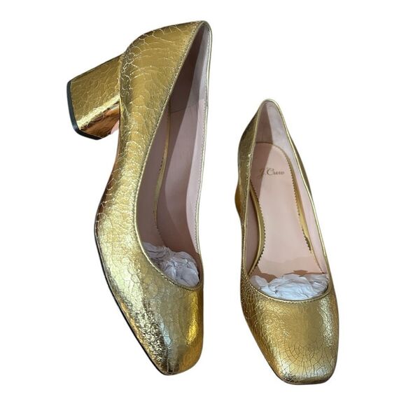 J. Crew | Shoes | Jcrew Celia Gold Crackle Block Heels Pumps Size 7 ...